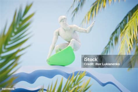 야자수가 있는 해변에서 서핑보드를 타고 있는 남자의 조각상 3d 렌더링 0명에 대한 스톡 사진 및 기타 이미지 0명 경관 관광 Istock