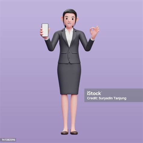 스마트 폰을 들고 괜찮은 손가락을 보여주는 공식적인 양복을 입은 비즈니스 여성 정장 검은 치마를 입은 비즈니스 여성의 3d