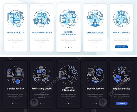 Mobile App Onboarding Screen With Light And Dark Service Characteristics Vector Instructions