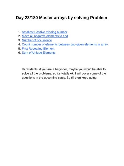 Day 23 180 Master Arrays By Solving Problem Pdf Teaching Methods
