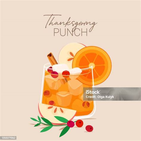 계피 스틱 크랜베리 사과 오렌지색을 베이지 색 배경에 곁들인 추수감사절 펀치의 벡터 일러스트 신선한 건강 음료 칵테일에 대한