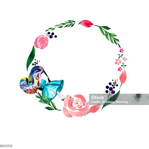 섬세한 장미 녹색 잎 열매와 텍스트 공간이있는 흰색 배경에 그네에 소녀와 꽃 프레임 카드 초대장 및 인사말의 장식라운드 화환 가공의 인물에 대한 스톡 벡터 아트 및 기타