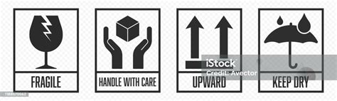 깨지기 쉬운 패키지 아이콘 세트 관리 물류 및 배달 배송 라벨로 처리합니다 깨지기 쉬운 상자 마른 우산 화물 경고 벡터 표지판을 유지 취급 주의 표지판에 대한 스톡 벡터