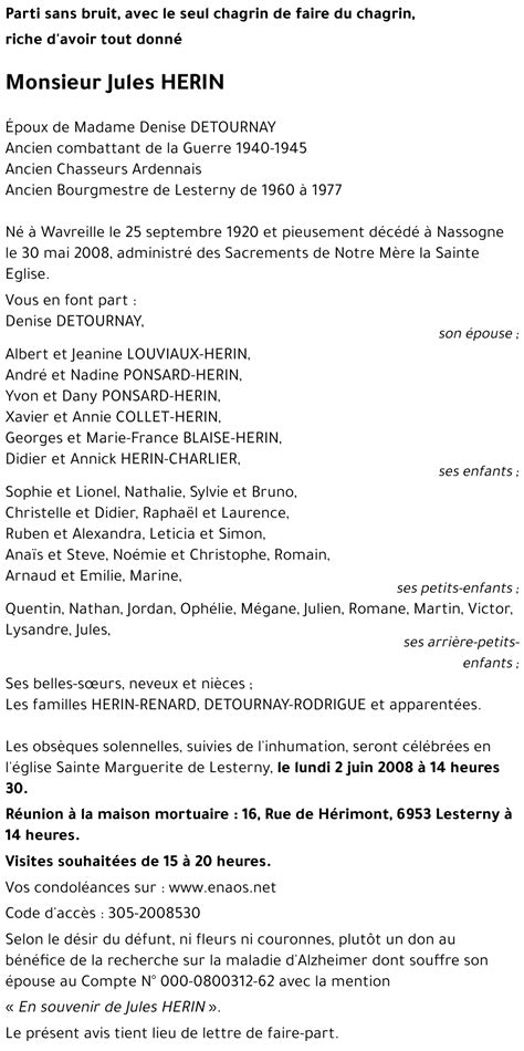 Avis De Décès De Jules Herin Décédé Le 30 05 2008 à Nassogne Annonce