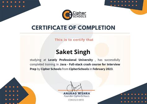 Java Full Stack Crash Course Certificate Of Completion By Cipher