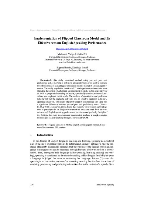 Pdf Implementation Of Flipped Classroom Model And Its Effectiveness On English Speaking