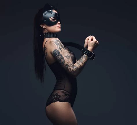 Passionate Hot Brunette Woman Bdsm Costume Mask Black Background Stock