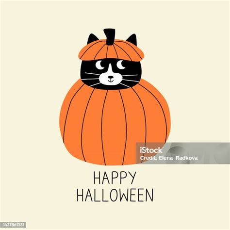 귀여운 검은 고양이와 주황색 호박 손으로 그린 벡터 삽화 아이콘이나 기호에 대한 평면 스타일의 재미있는 고립된 으스스한 캐릭터