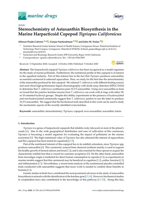 Pdf Stereochemistry Of Astaxanthin Biosynthesis In The Marine Harpacticoid Copepod Tigriopus