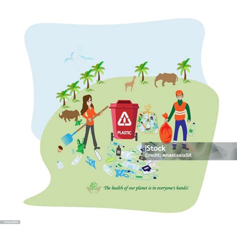 환경 친화적 인 사람들 쓰레기 수집기 쓰레기를 가진 남자 사람들은 쓰레기를 종류별로 분류하여 재활용을 위해 용기에 넣습니다 생태