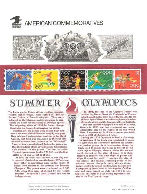 2553 7 29c Summer Olympics Usps Commemorative Stamp Panel 368 Ebay