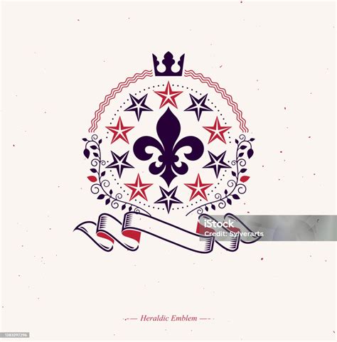 백합 꽃 황실 크라운과 오각성 별을 사용하여 구성 복고풍 빈티지 휘장 벡터 로얄 품질 아이디어 디자인 요소 플뢰르 드 리스 0명에 대한 스톡 벡터 아트 및 기타 이미지