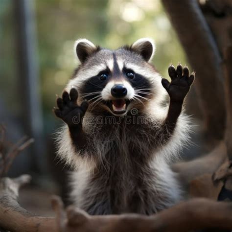 Un Mapache Está De Pie Con Sus Manos En El Aire Stock De Ilustración Ilustración De Selectivo