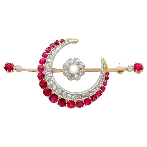 Beautiful 18 Carat Gold And Seed Pearl Crescent And Star Brooch At 1stdibs