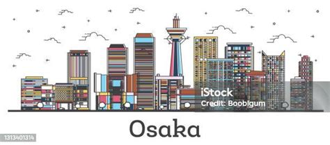 흰색에 고립 된 색깔의 건물오사카 일본 도시 스카이 라인을 윤곽 스카이라인에 대한 스톡 벡터 아트 및 기타 이미지 스카이라인 오사카 시 거리 Istock