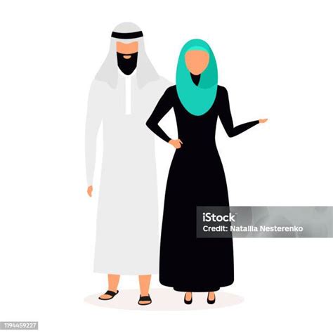 인도네시아 어 플랫 벡터 그림입니다 부부는 근처에 서 있다 무슬림 사람들 히잡의 여자입니다 아시아 문화 흰색 배경에 국가 의류