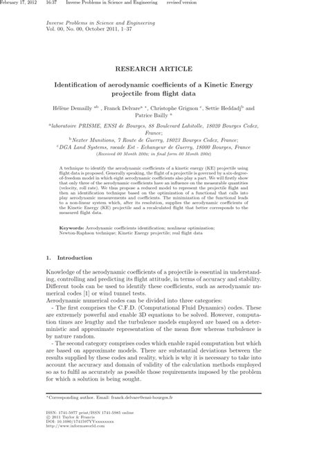 Pdf Identification Of Aerodynamic Coefficients Of A Kinetic Energy Projectile From Flight Data