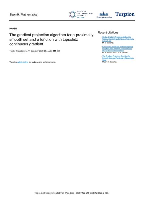 Pdf The Gradient Projection Algorithm For A Proximally Smooth Set And A Function With