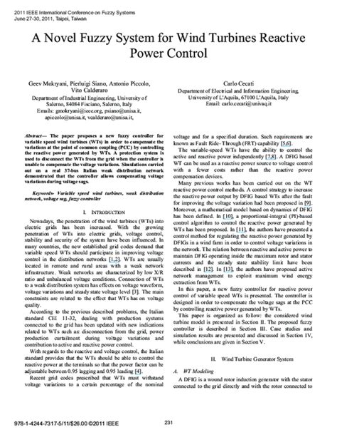 Pdf A Novel Fuzzy System For Wind Turbines Reactive Power Control