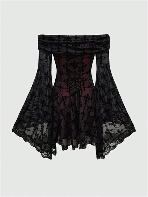 Romwe Goth Romantic Vintage Palace Gothic Cross Flocked Strap Midi