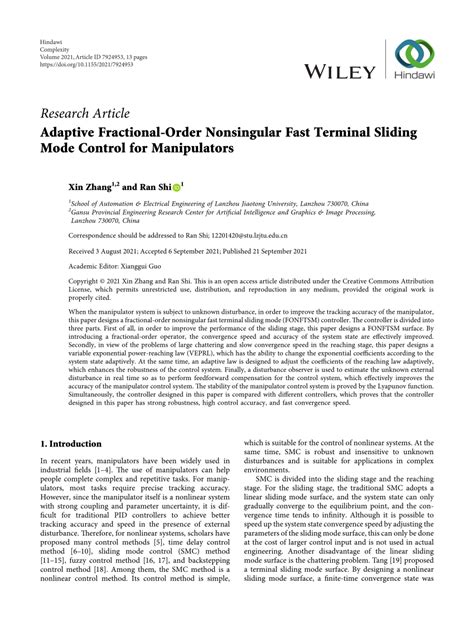 Pdf Adaptive Fractional Order Nonsingular Fast Terminal Sliding Mode Control For Manipulators