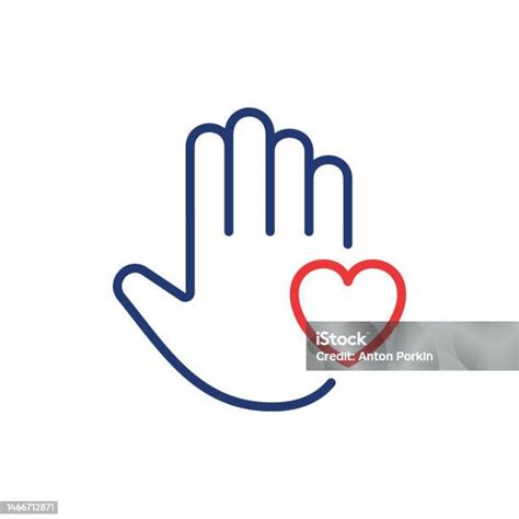 손바닥의 손과 하트 라인 아이콘 자원 봉사 선형 그림의 상징 자선 및 기부 개념 하트 와 손 윤곽 아이콘의 모양 편집 가능한 스트로크 격리된 벡터 일러스트레이션