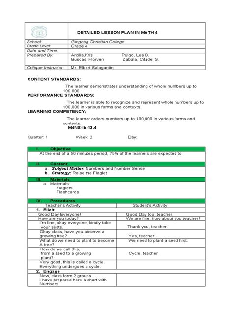 Detailed Lesson Plan In Math 4 Pdf Lesson Plan Teachers