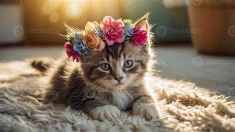 A Cute Kitten Wearing A Flower Crown Lying On A Soft Rug With Warm