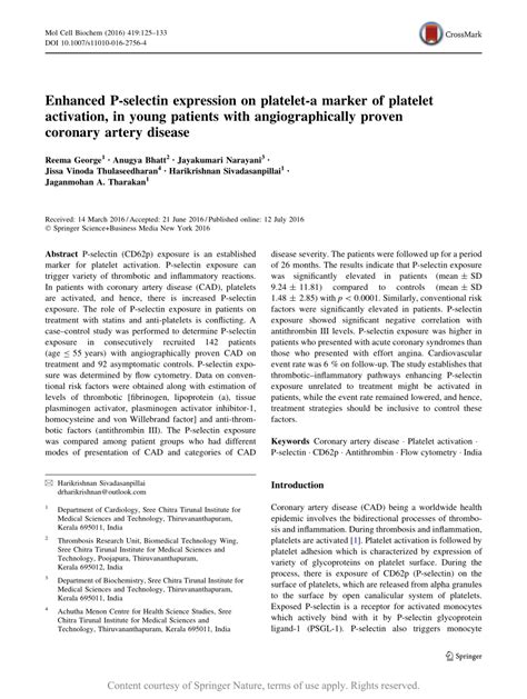 Enhanced P Selectin Expression On Platelet A Marker Of Platelet Activation In Young Patients