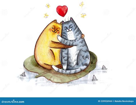 Liefdevolle Katten Zitten In Een Vijver Met Vis En Een Tende