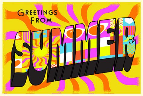 여름에서 인사말 세련 되 고 현대적인 모자이크 엽서 디자인 템플릿 3d 타이포그래피 디자인 햇빛 음식 해변 및 다채로운 요소 0명에 대한 스톡 벡터 아트 및 기타 이미지