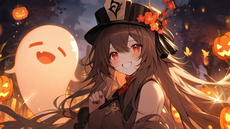 B Genshin Impact Halloween Ghost Hu Tao Pumpkin Head K Wallpaper Pc Desktop
