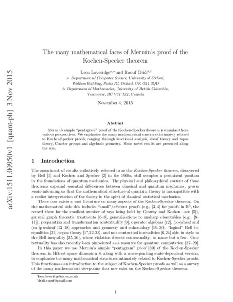 Pdf The Many Mathematical Faces Of Mermins Proof Of The Kochen Specker Theorem