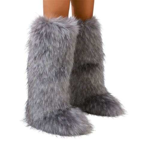 Grey Baddie Knee High Fur Boots Wyn Luxe