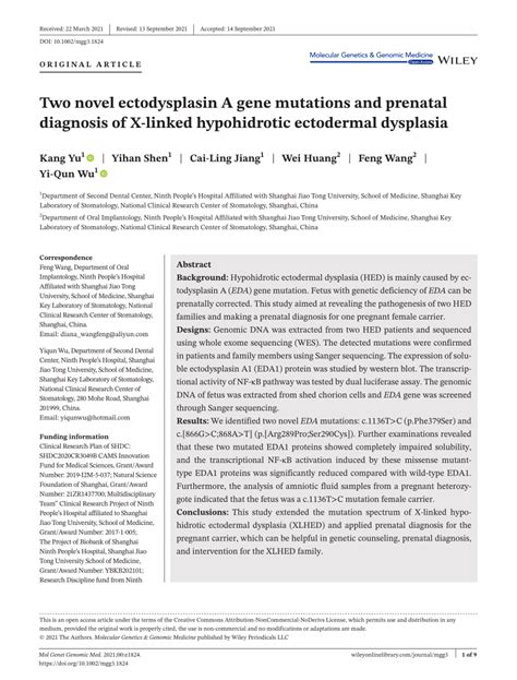 Pdf Two Novel Ectodysplasin A Gene Mutations And Prenatal Diagnosis Of X‐linked Hypohidrotic
