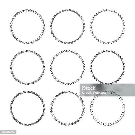 검은 색 모듬 된 창조적 인 둥근 빈 엠블럼 다양한 곡선 낙서 패턴 테두리 및 획이있는 아이콘 흰색 배경에 설정된 디자인 요소 0명에 대한 스톡 벡터 아트 및 기타 이미지