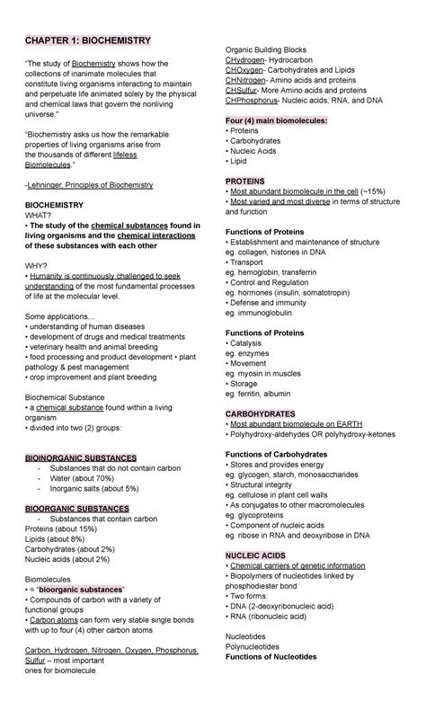 Biochemistry Notes CHAPTER BIOCHEMISTRY The Study Of Biochemistry Shows How The