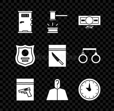 Set Prison Cell Door Judge Gavel Stacks Paper Money Cash Evidence Bag And Pistol Gun