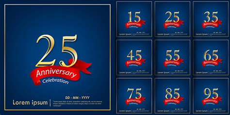 1595주년 기념 헝겊 세트 파란색 배경에 빨간 리본이있는 기념일 우아함 황금 로고 웹 포스터 소책자 전단지 전단지 인사말 및 초대 장용 템플릿 디자인 25주년 기념에 대한