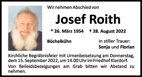 Traueranzeigen Von Josef Roith Mittelbayerische Trauer