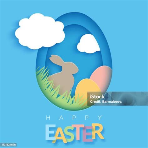 부활절 카드 종이 잘라 계란 모양 프레임입니다 행복 한 부활절 종이 파란색 바탕에 계란을 잘라 토끼 잔디와 계란 유행 3d 부활절 인사말 카드 템플릿 개념에 대한 스톡 벡터