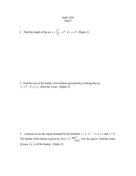 quiz 3 in math 1920 finding lengths areas and centers of mass