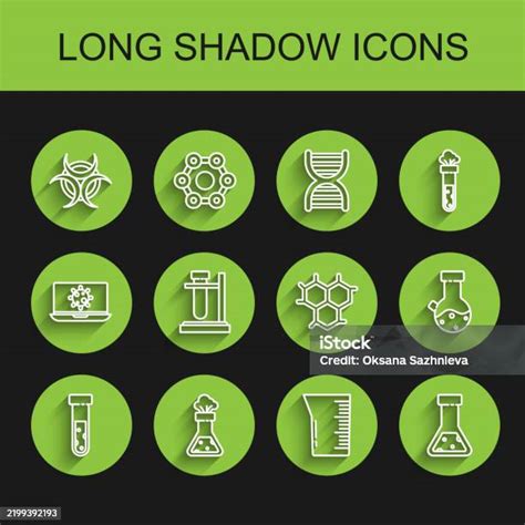 세트 라인 시험관 및 플라스크 화학 물질 생물학적 위험 기호 실험실 유리 제품 또는 비커 스탠드 및 화학식 아이콘 벡터 건강 검진에 대한 스톡 벡터 아트 및 기타 이미지