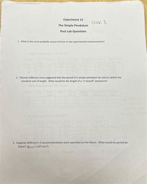 Experiment The Simple Pendulum Post Lab Questions Chegg