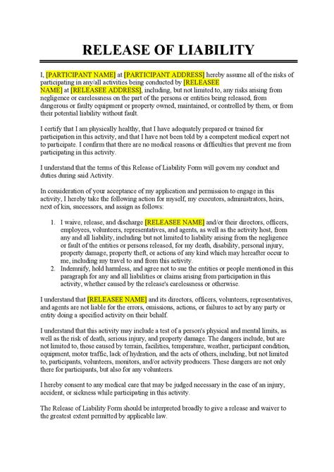 Free Printable Release Of Liability Waiver Free Printable