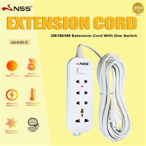 Nss Color Extension Cord 4 Gangs With 1 Switch 250v 2500w 3 Meters 5 Meters 8 Meters Outlet 9181