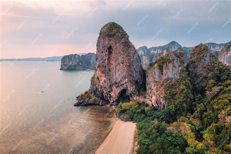Premium Photo Aerial View Of Beach At Sunset Railay Beach Krabi Province