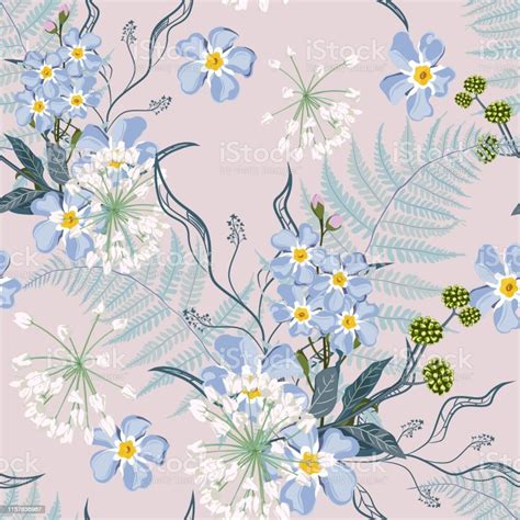 봄 여름 블루 잊어 나 하지 꽃 허브 고사리 원활한 패턴 초대 직물 벽지 인쇄를위한 수채화 스타일의 꽃 배경 식물 질감 베이지 색 배경입니다 0명에 대한 스톡 벡터 아트 및