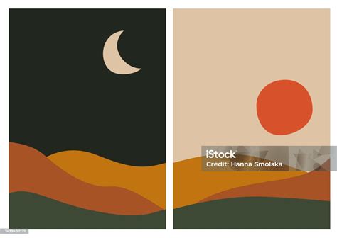 추상적인 현대 풍경 포스터가 놓여 있다 미드 센추리 모던 미니멀리즘 아트 프린트 보호 포스터 표지 산 언덕 호수 태양 책 표지 포스터 배너 브로셔 전단지를 위한 평면 디자인