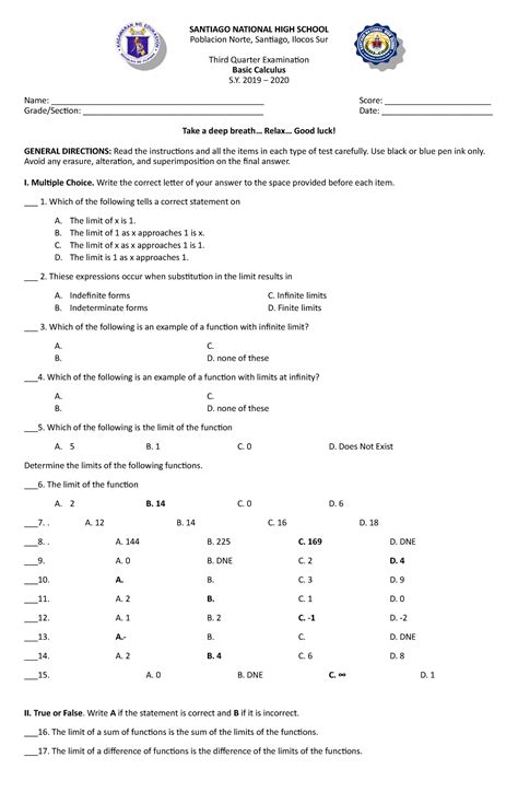 Third Quarter Examination B Santiago National High School Poblacion Norte Santiago Ilocos